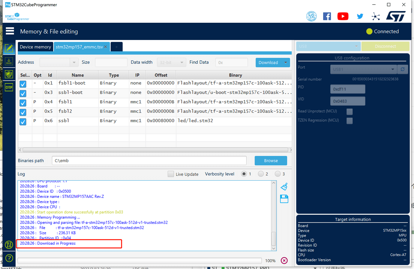 使用STM32CubeProgrammer下载一直卡着不动 - STM32MP157_PRO - 嵌入式开发问答社区